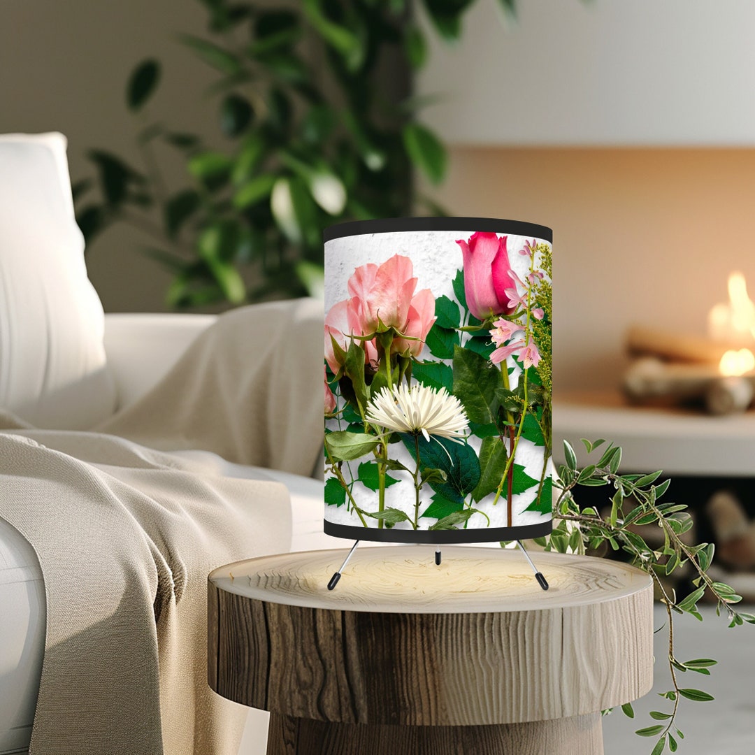 Pink & White Roses Botanical Cottagecore Tripod Lamp With Printed Shade ...