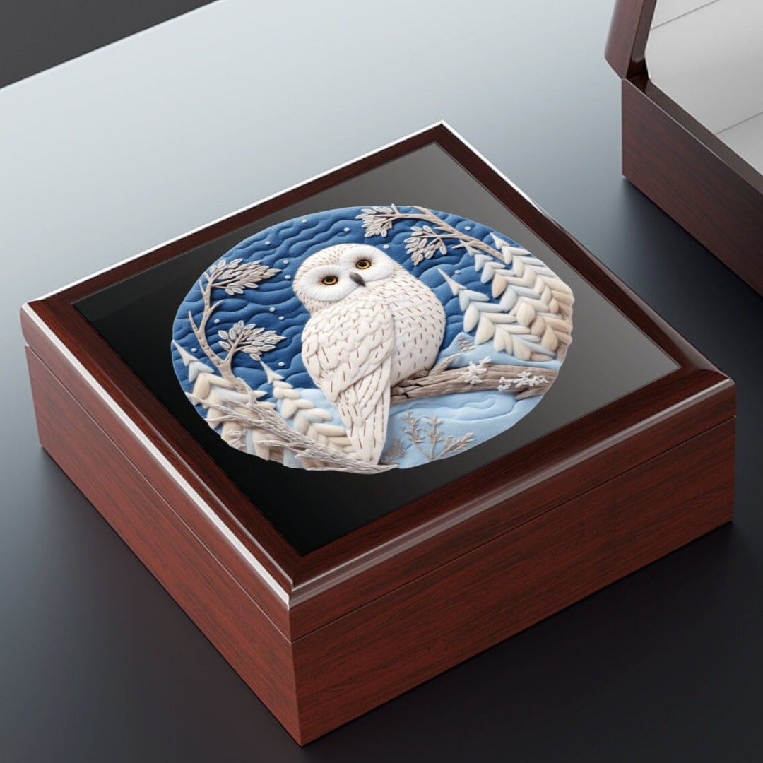 Owl Wood Jewelry Box Needlework Look Snowy Owl Ceramic, Memory ...