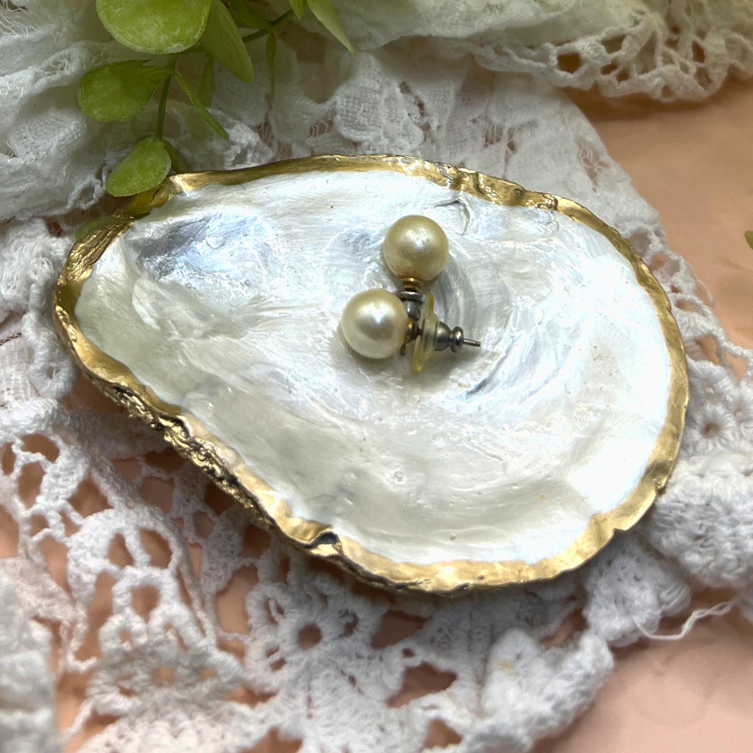 Personalized Gilded Pearlized Oyster Shell, Trinket Ring Dish, Coastal ...
