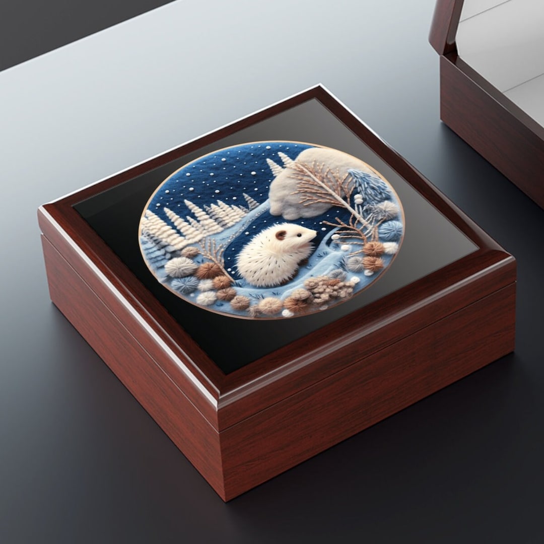 Hedgehog Wood Jewelry Box Needlework Look Ceramic, Memory, Keepsake Box ...