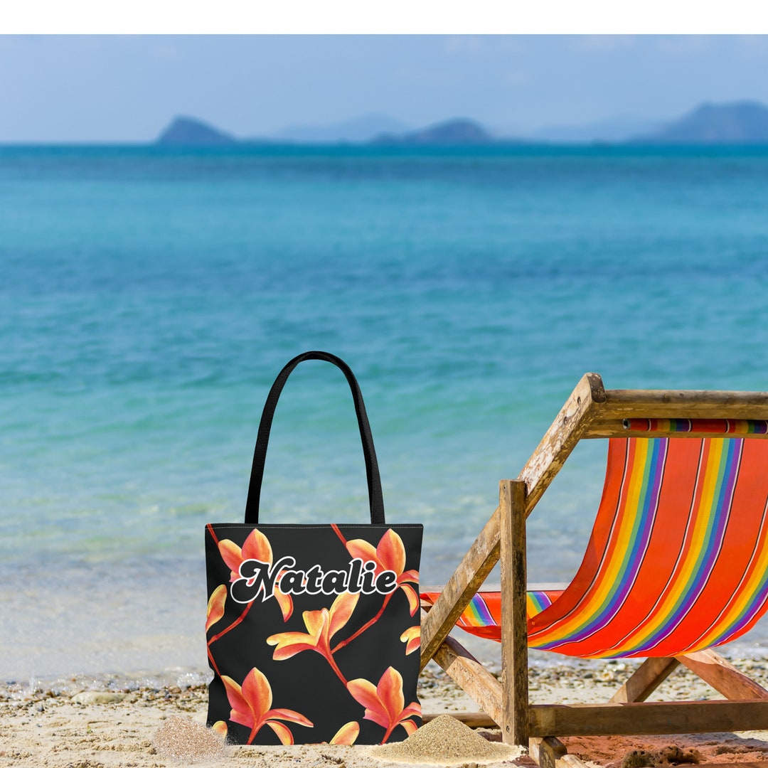 Personalized Beach Tote Bag, Black Hawaiian Plumeria Flowers ...