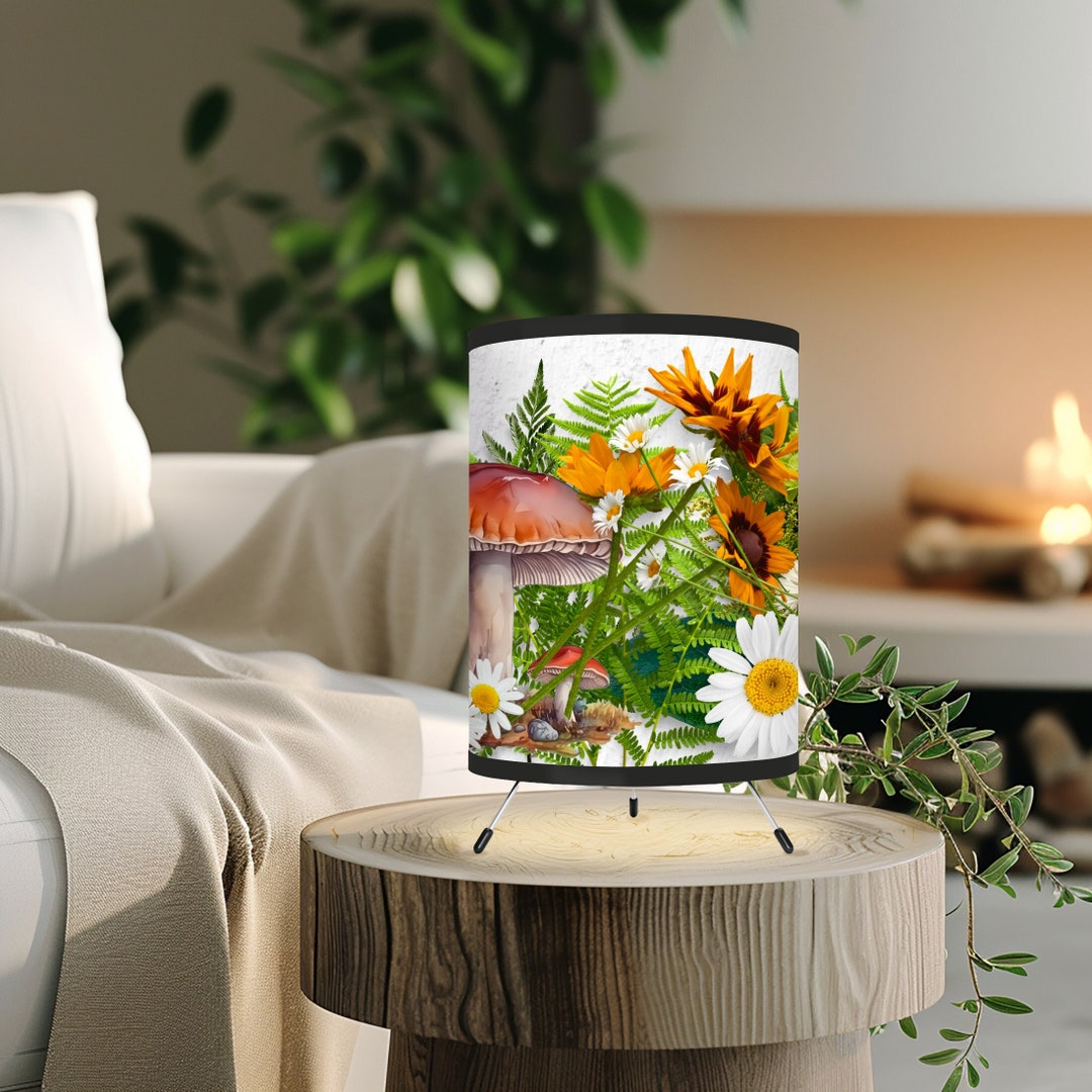 Mushrooms & Daisies Botanical Cottagecore Tripod Lamp With Printed ...