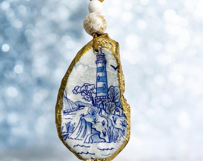 Gilded Lighthouse Oyster Shell Ornament Set, Coastal Christmas ...