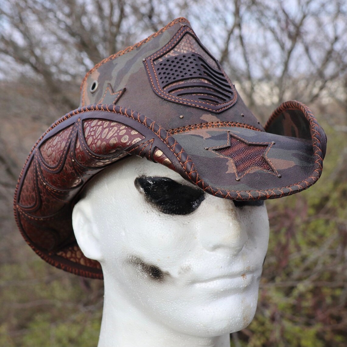 Leather Camo Cowboy Rocker Hat with exotic inlays | Etsy