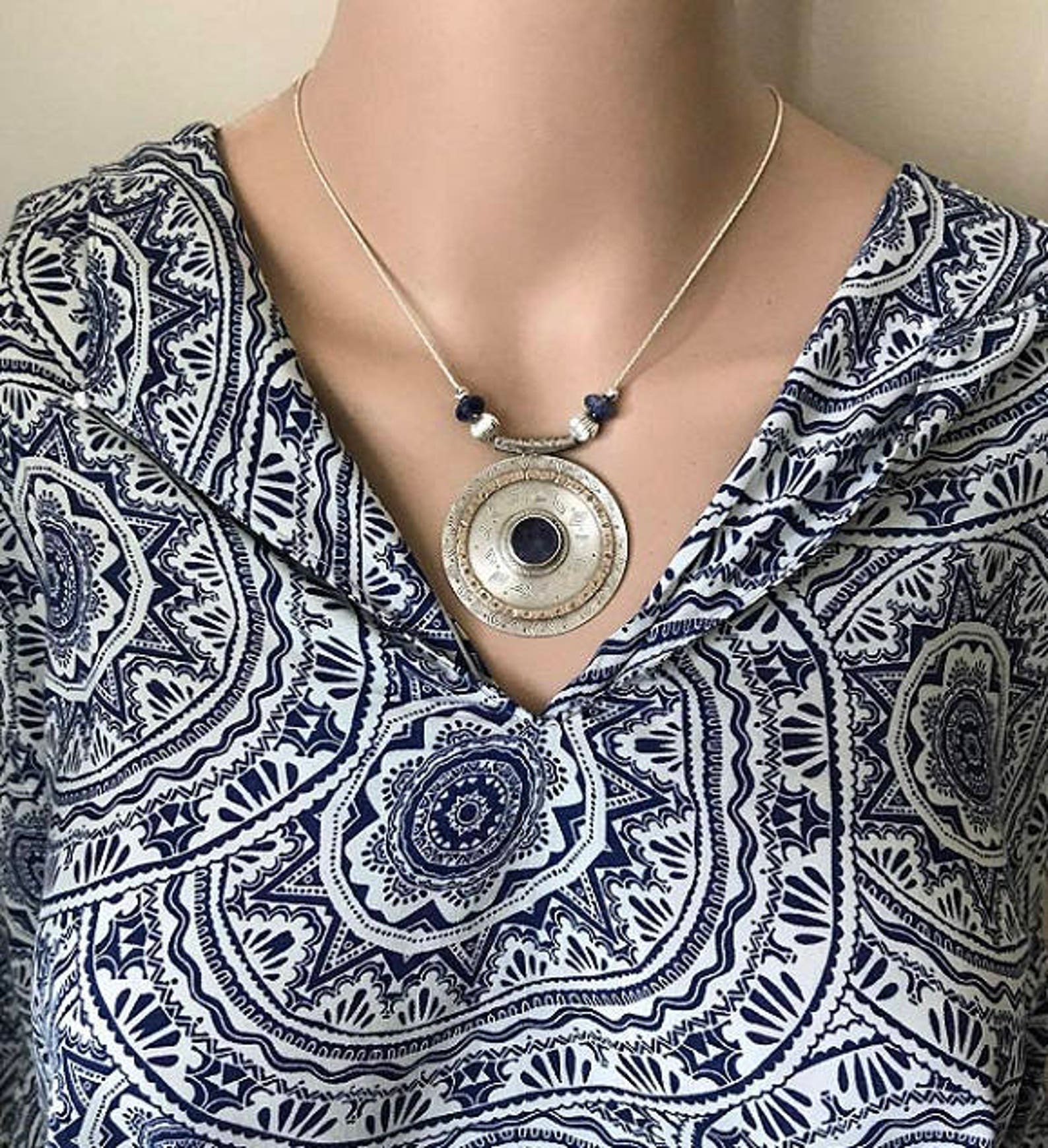 Large Pendant, Big Statement Necklace, Ethnic Style Pendant, Big Silver ...
