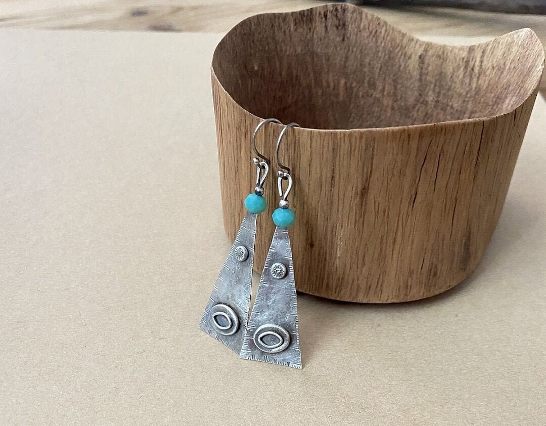 Rustic Style Earrings , Dangle Triangular Earrings , Silver Earrings ...