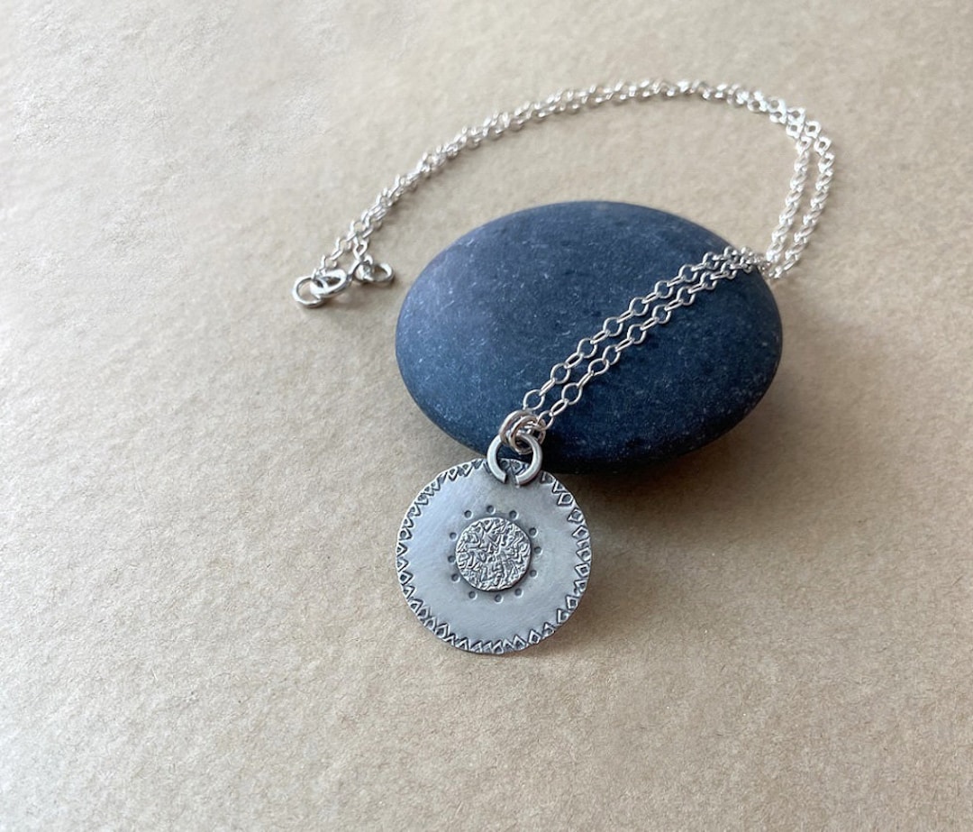 Round Silver Pendant , Unisex Textured Pendant , Handmade Sterling ...