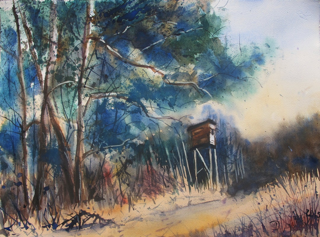 Forest, Germany, Hillock, Meadow, Clearing, Watercolour, Trees, Wall ...