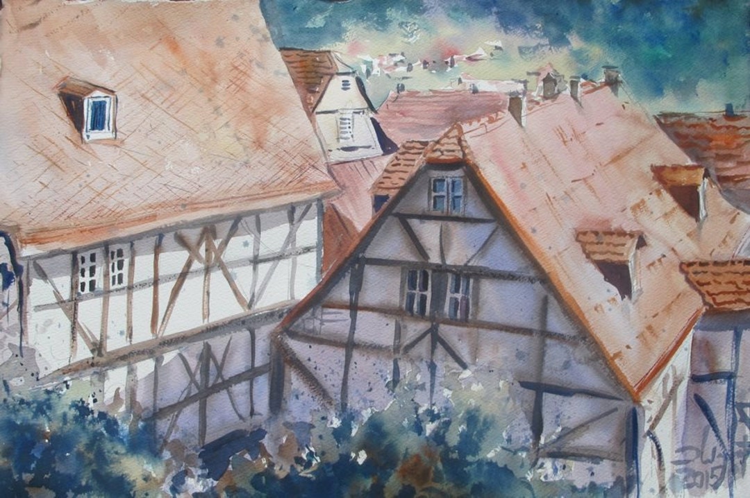 Half-timbered, Watercolor, Art, Painting, Hesse, Village, Houses, Wall ...