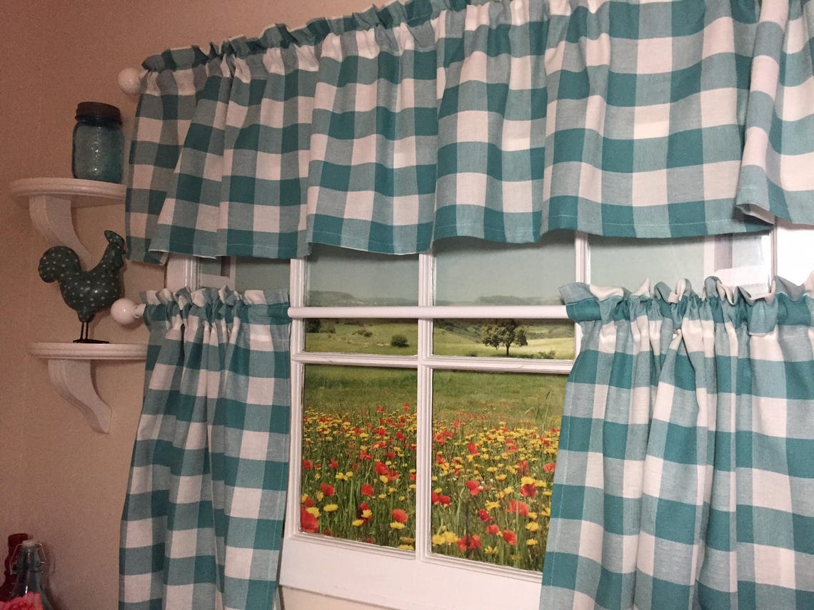 Teal and White Country Kitchen Valance or Ruffled Sleeve - Etsy