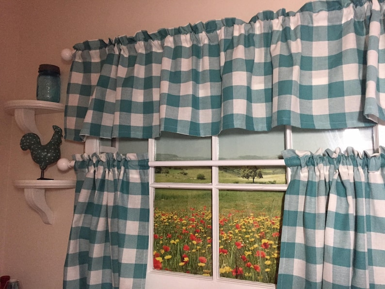 Teal and White Country Kitchen Valance or Ruffled Sleeve - Etsy