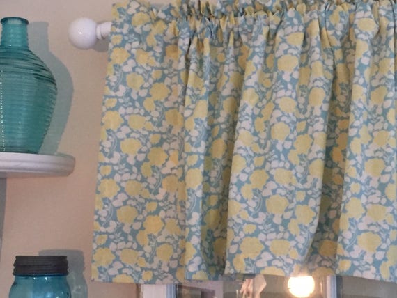 Aqua Blue & Yellow Floral Kitchen Valance 42 Inches Wide | Etsy