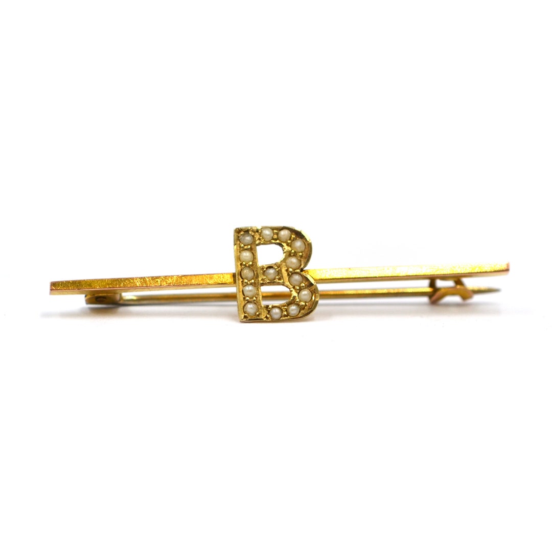 Edwardian 9ct Gold Letter 'B' Brooch With Seed Pearls | Antique 9k ...