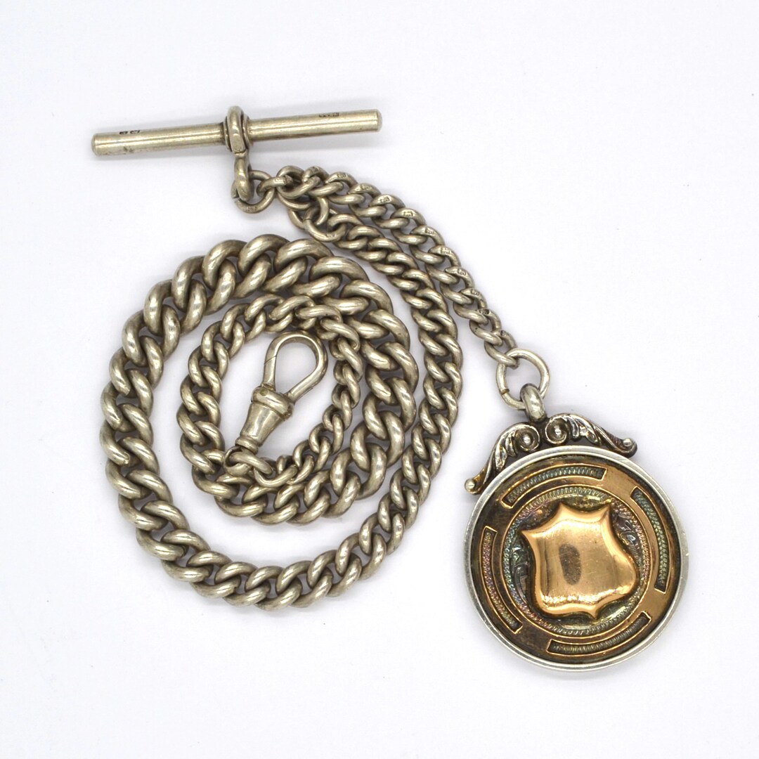 Antique Sterling Silver Single Albert T-bar Pocket Watch Chain ~ 51 ...