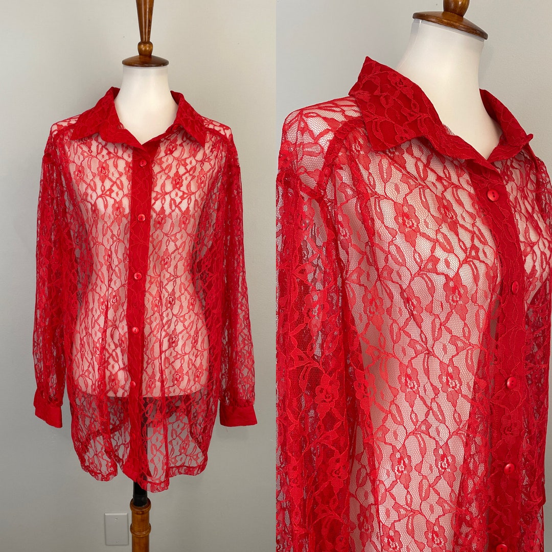 Vintage 90s Red Lace Blouse See Through Lace Shirt Long Sleeve Button ...