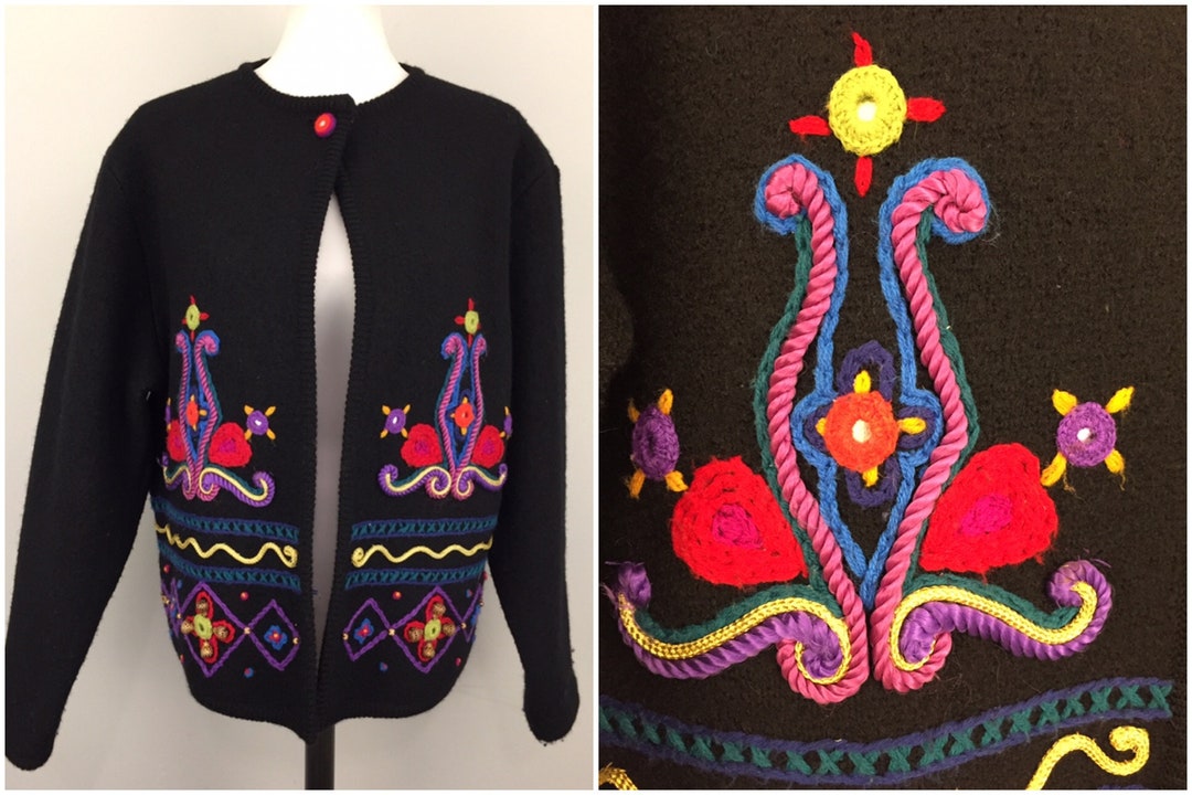 Boiled Wool Cardigan Sweater 80s Colorful Wool Jacket Embroidered ...