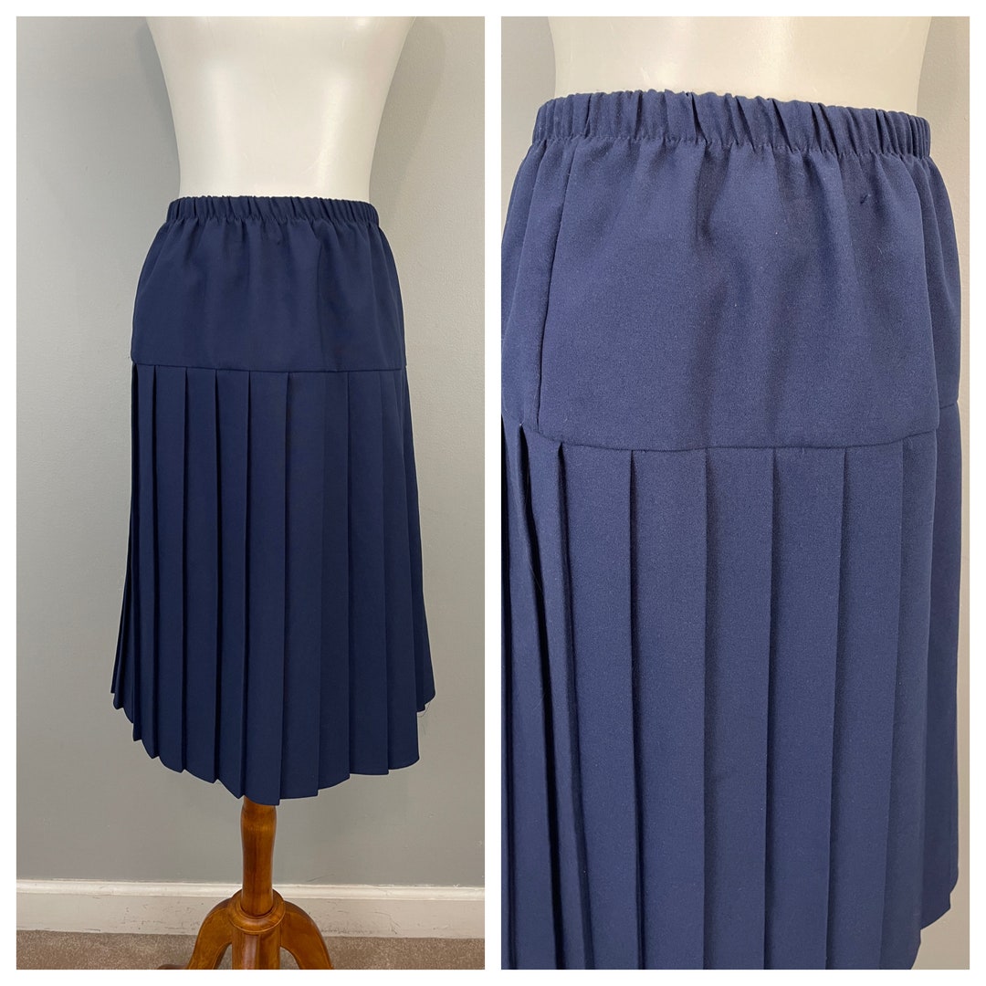 Navy Blue Pleated Skirt 90s Dark Blue Midi Skirt Drop Pleat Elastic ...