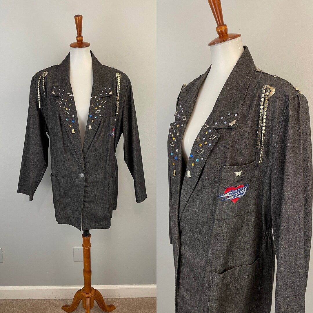 90s Western Jean Blazer Jacket Line Dancing Black Denim Jacket Cowgirl ...