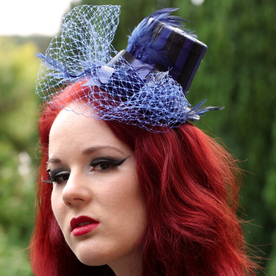 Latex Rubber Mini Striped Top Hat Fascinator with Hackle | Etsy