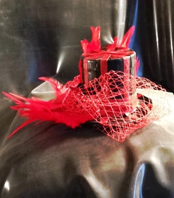 Latex Rubber Mini Striped Top Hat Fascinator with Hackle | Etsy