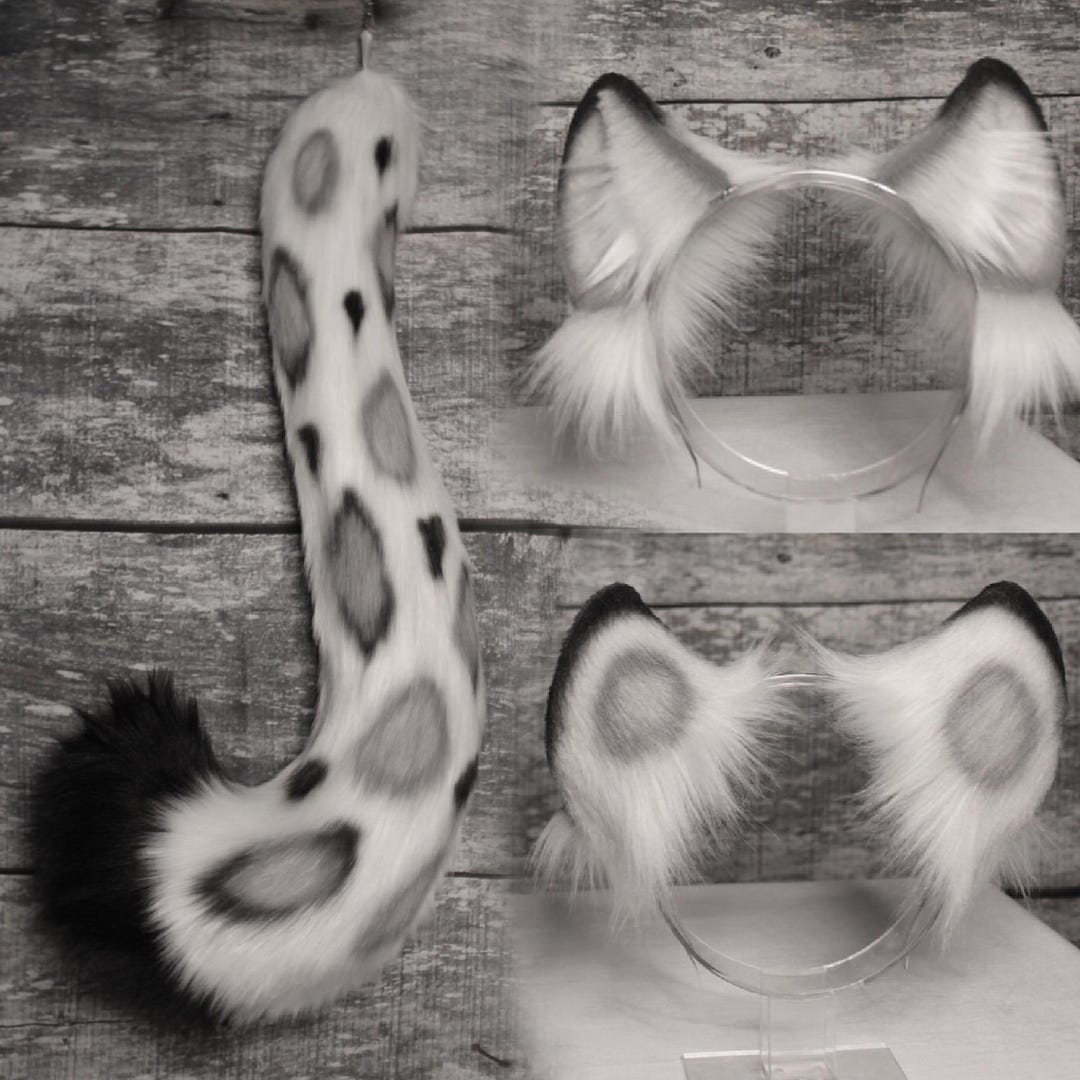 Black White Gray Silver Faux Fur Snow Leopard Ears and Tail Set - Etsy