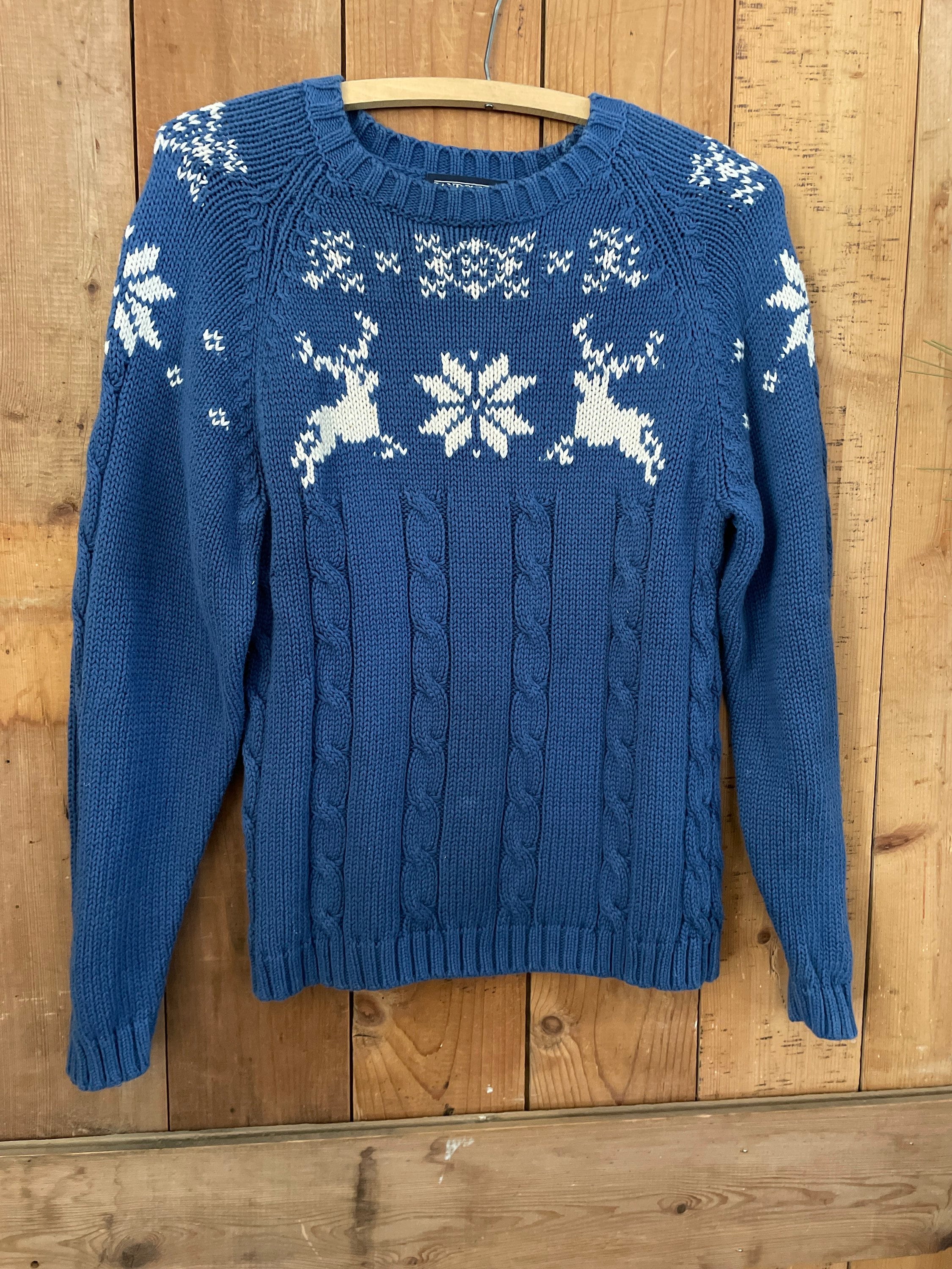 Vintage Land's End Snowflake Deer Pullover Ski Sweater Blue Sweater M ...