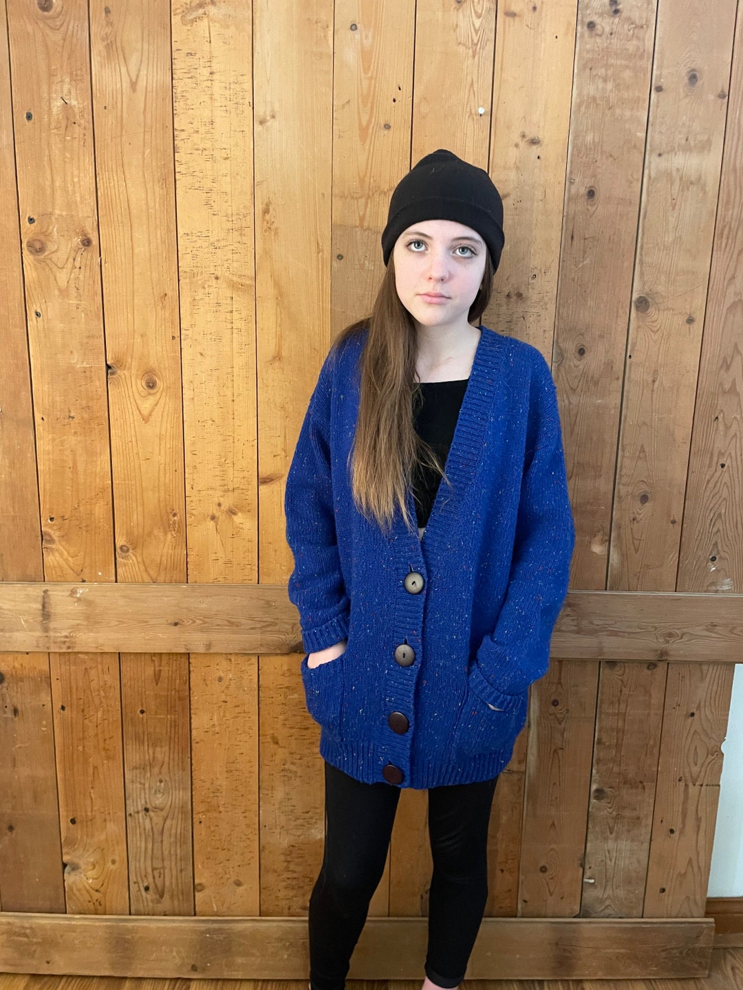 Vintage Confetti Blue Oversized Sweater Cardigan Wool Blend Layering ...