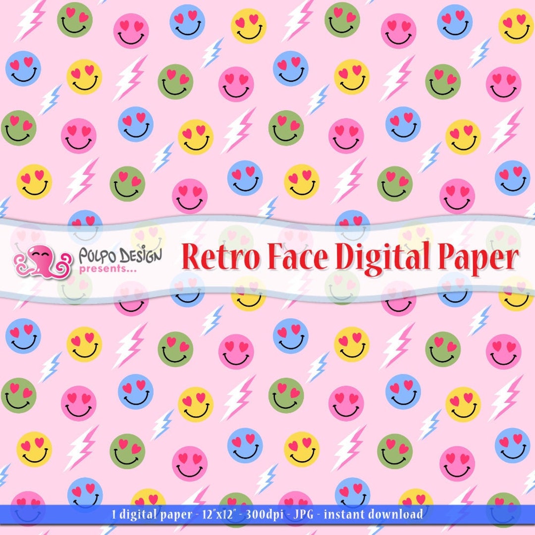Pink Groovy Retro Digital Paper. Smiley Faces and Lightning Bolts ...