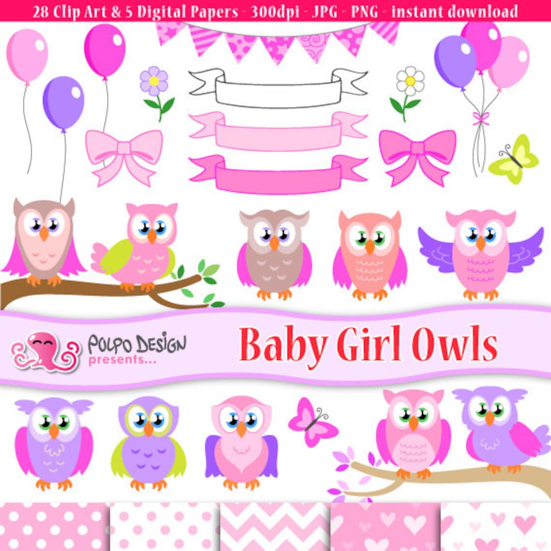 Owl Clipart & Digital Paper, Baby Girl Clip Art, Baby Shower, Pink Owls ...