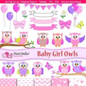Owl Clipart & Digital Paper, Baby Girl Clip Art, Baby Shower, Pink Owls ...