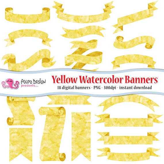 Yellow watercolor banners clipart. Digital clip art. Commercial ...