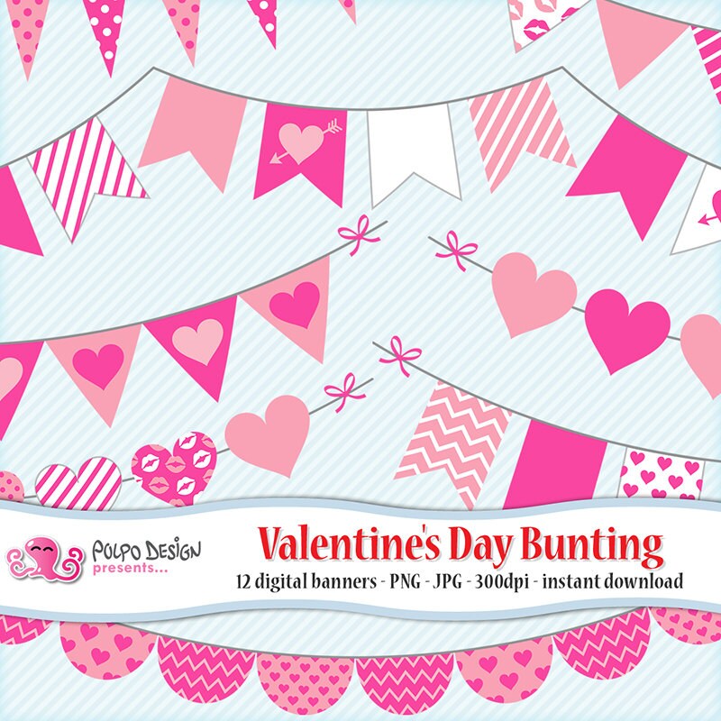 Valentine’s Day Bunting Banners Clipart. Digital Clip Art. Commercial ...