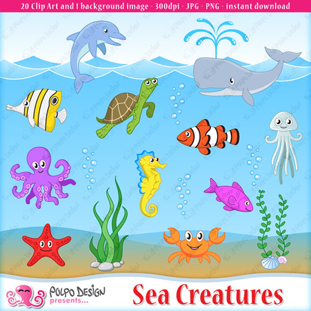Sea Creatures Clipart and 1 Background Image. Sea Creature Clipart, Sea ...
