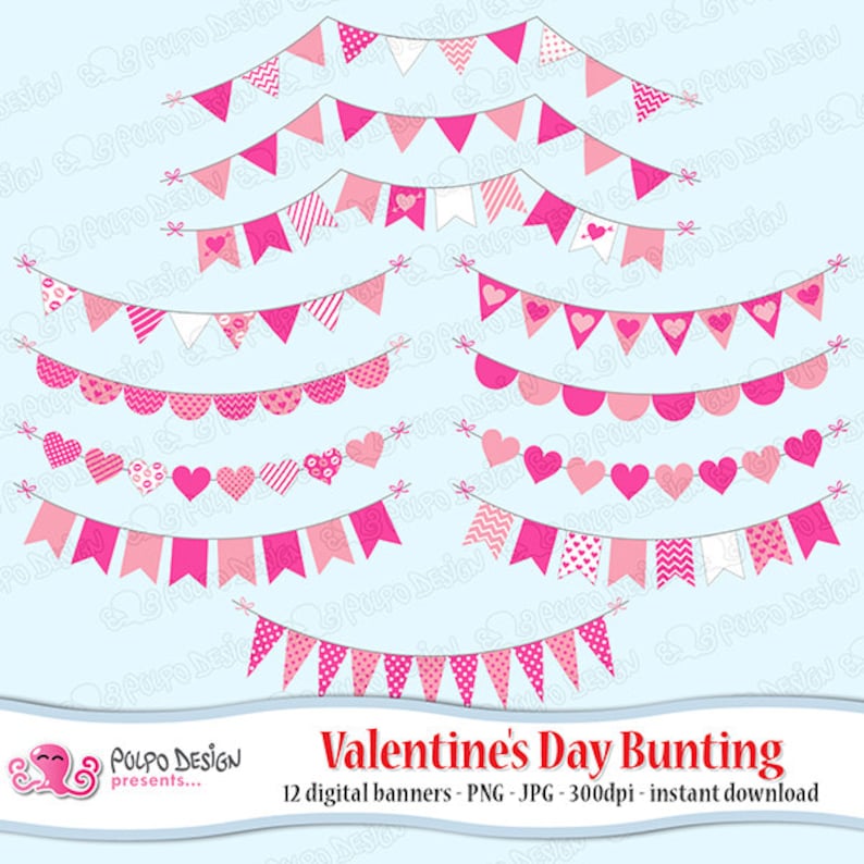 Valentines Day Bunting Banners Clipart. Digital Clip Art. - Etsy