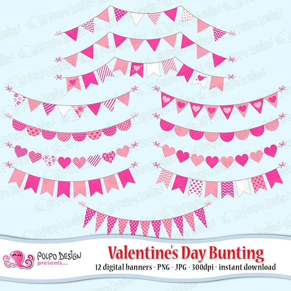 Valentines day bunting banners clipart. Digital clip art. | Etsy