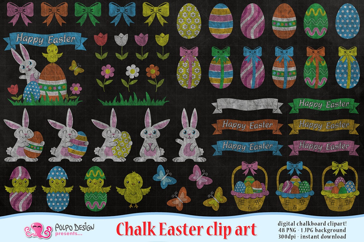 Chalkboard Easter clipart. Chalk Easter clip art digital | Etsy