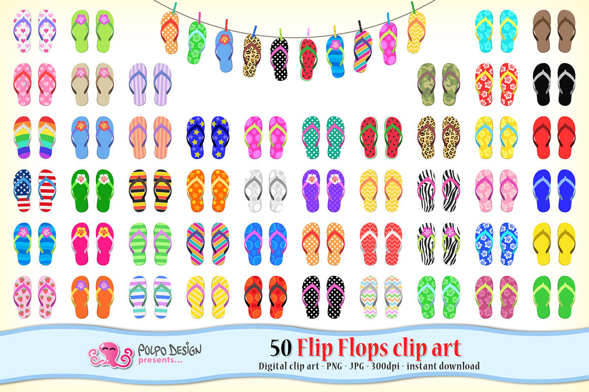 50 Flip Flops Clipart. Beach Clipart Summer Clipart Digital Flip Flops ...