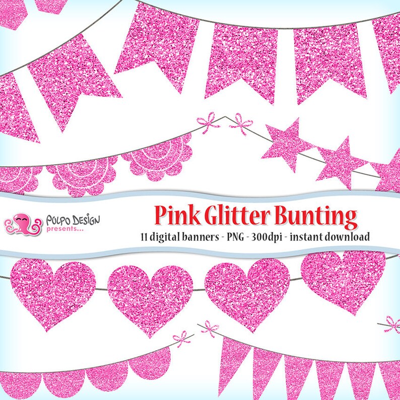 Pink Glitter Bunting Banner Clipart. Pink glitter banner pink | Etsy
