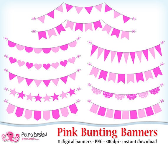 Pink Bunting Banners Clipart. Digital clip art. Commercial & personal ...