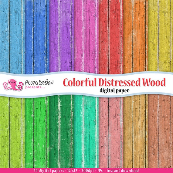 Distressed colorful wood digital papers. Commercial & personal use ...