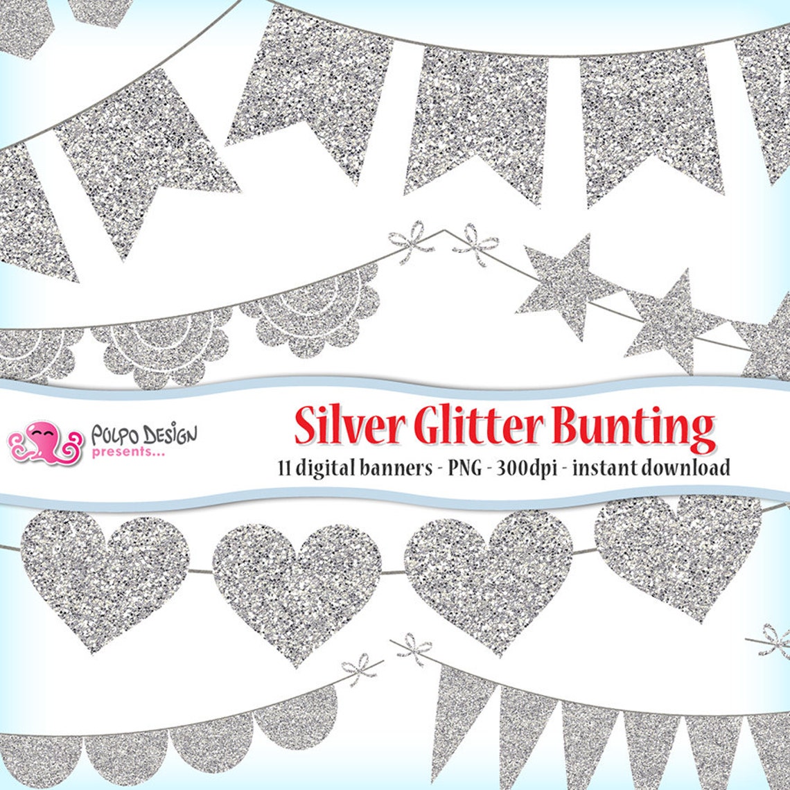 Silver Glitter Bunting Banner Clipart. Silver Glitter Banner, Silver ...