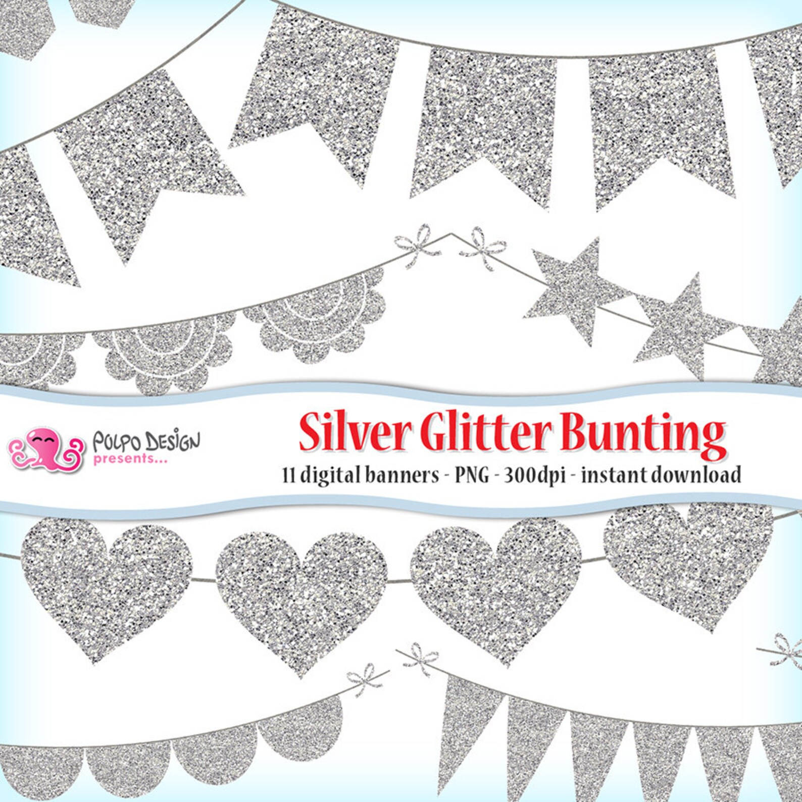 Silver Glitter Bunting Banner Clipart. Silver Glitter Banner, Silver ...