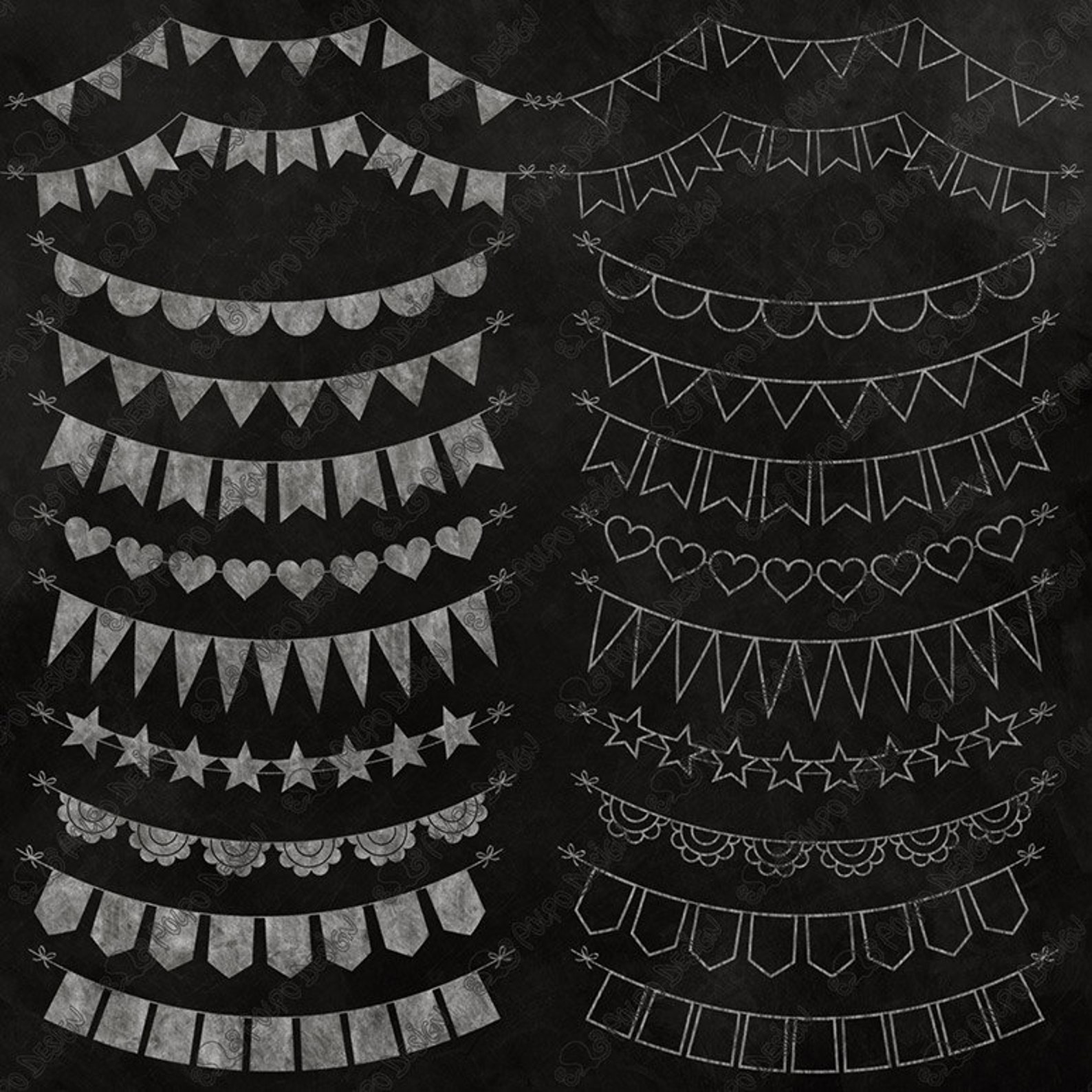 Chalkboard Bunting Banners Cliparts. Digital Clip Art. Commercial ...