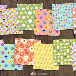 12 Groovy Retro Digital Papers. Smiley Face Seamless Pattern, Hippy ...