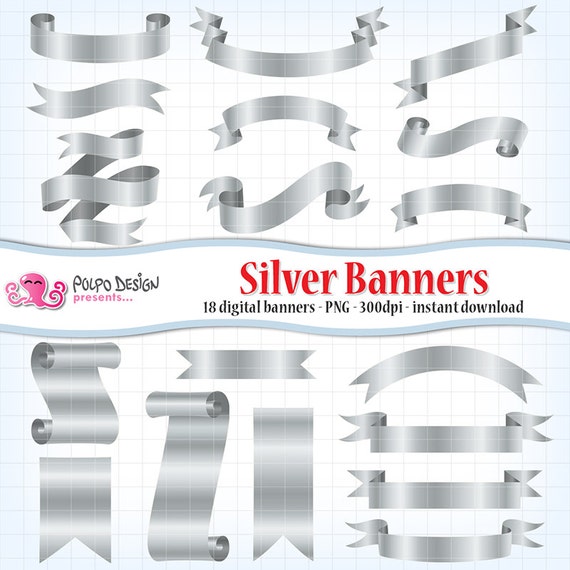 Digital silver banners clip art. Commercial & personal Use. Instant ...