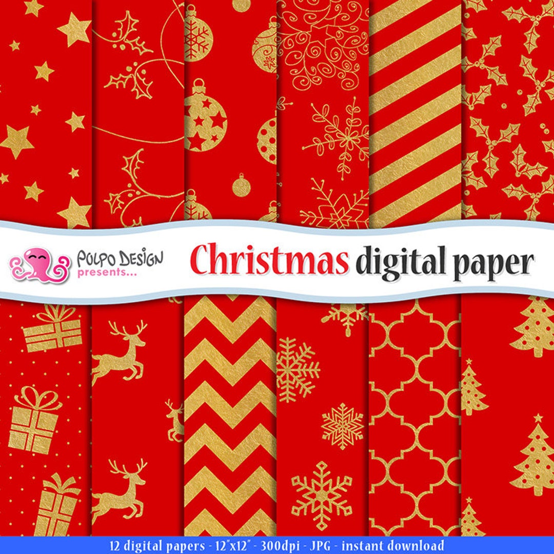 Red and Gold Christmas Digital Paper. Scrapbook Backgrounds. Commercial ...