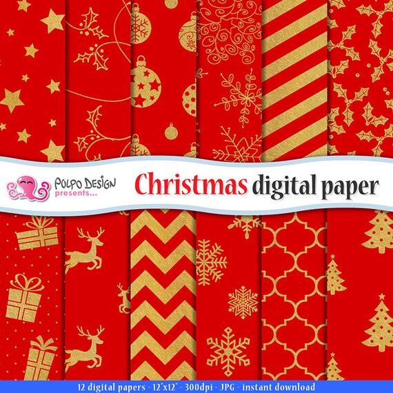 Red and Gold Christmas Digital Paper. Scrapbook Backgrounds. Commercial ...