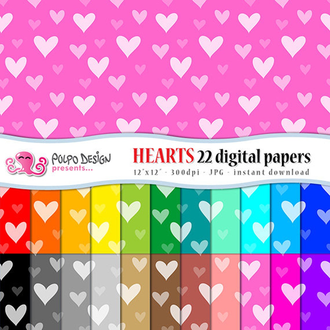 Hearts Digital Paper. Bright Heart Pattern Paper Scrapbooking Colorful ...