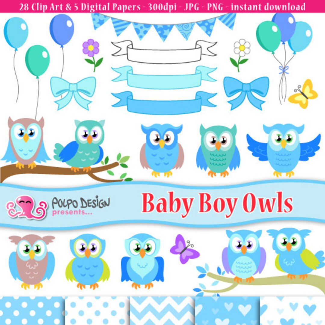 Owl Clipart & Digital Paper, Baby Boy Clip Art, Baby Shower, Blue Owls ...