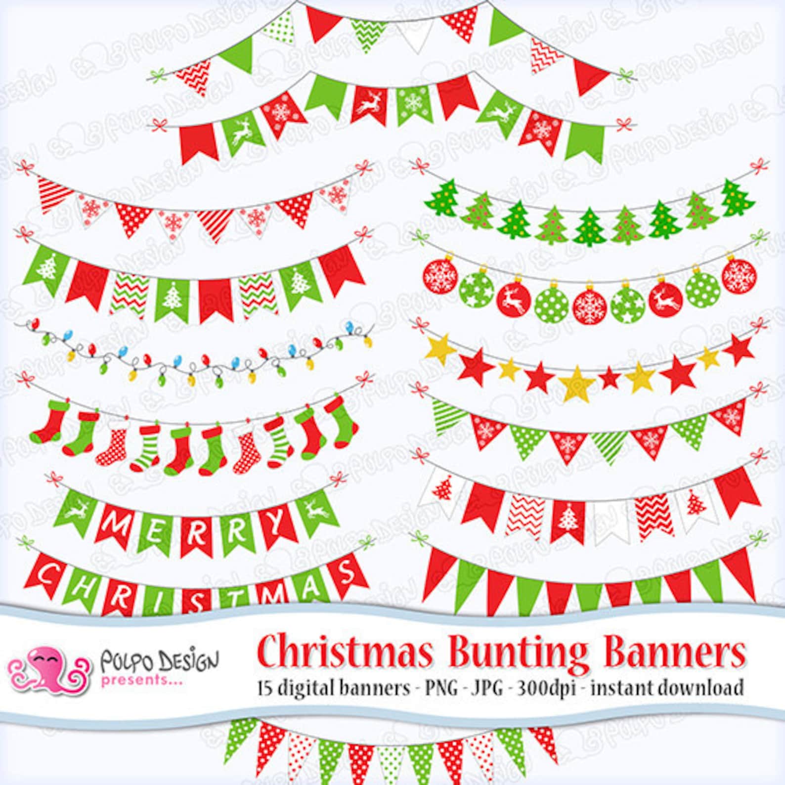 Christmas Bunting Banners Clipart. Digital Clip Art. Commercial ...